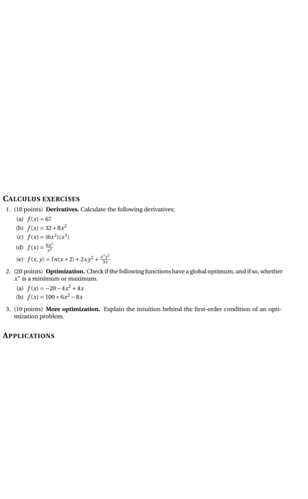 Solved CALCULUS EXERCISES 1. (10 points) Derivatives. | Chegg.com