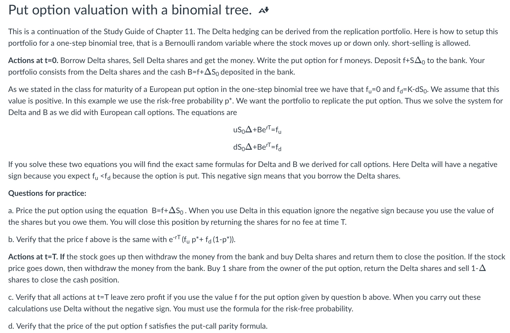 Solved Put option valuation with a binomial tree.This is a | Chegg.com