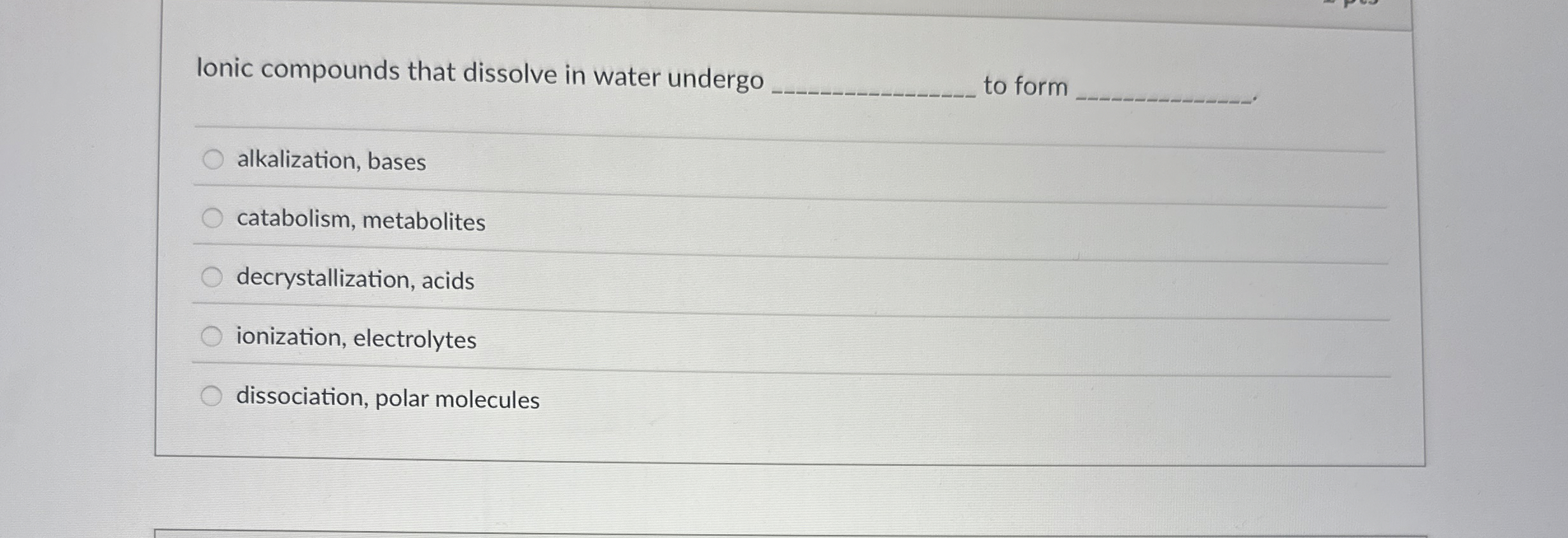Solved Ionic compounds that dissolve in water undergoto | Chegg.com