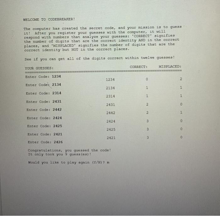 Solved CS231 Project #1: "Codebreaker" For your first | Chegg.com
