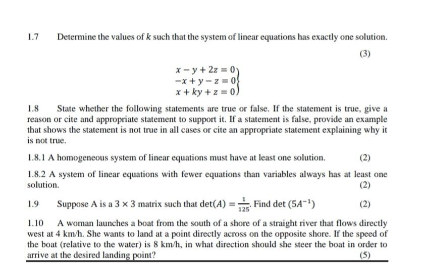 Solved 1 7 Determine The Values Of K Such That The System Of