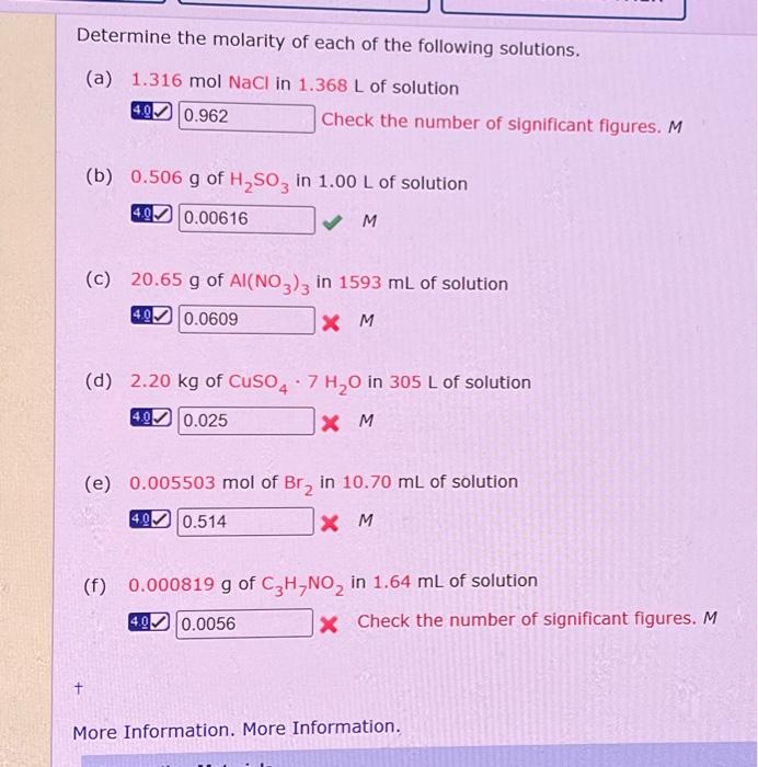 Solved Determine the molarity of each of the following | Chegg.com