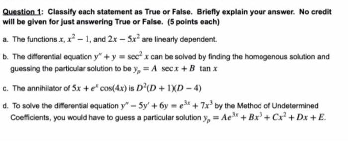 Solved Question 1: Classify each statement as True or False. | Chegg.com