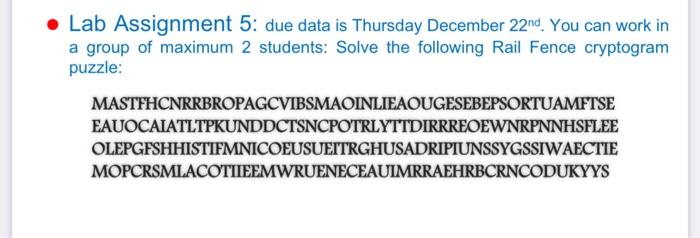 Solved Lab Assignment 5: due data is Thursday December 22nd | Chegg.com
