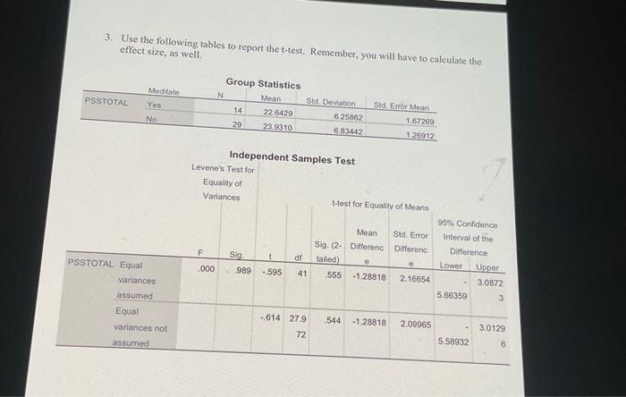 Solved 3. Use the following tables to report the t-test. | Chegg.com
