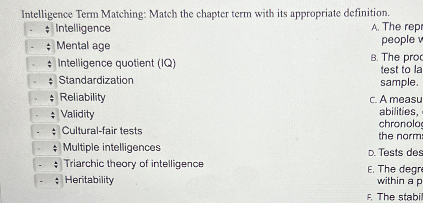 Solved Intelligence Term Matching: Match the chapter term | Chegg.com