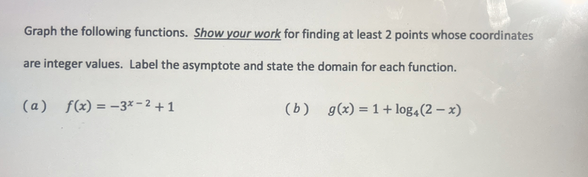 Solved Graph the following functions. Show your work for | Chegg.com
