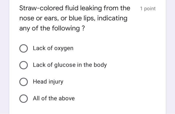Solved 1 point Straw-colored fluid leaking from the nose or | Chegg.com