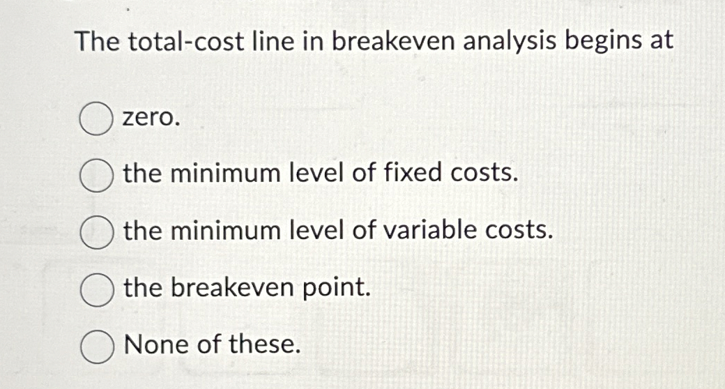 Solved The total-cost line in breakeven analysis begins | Chegg.com