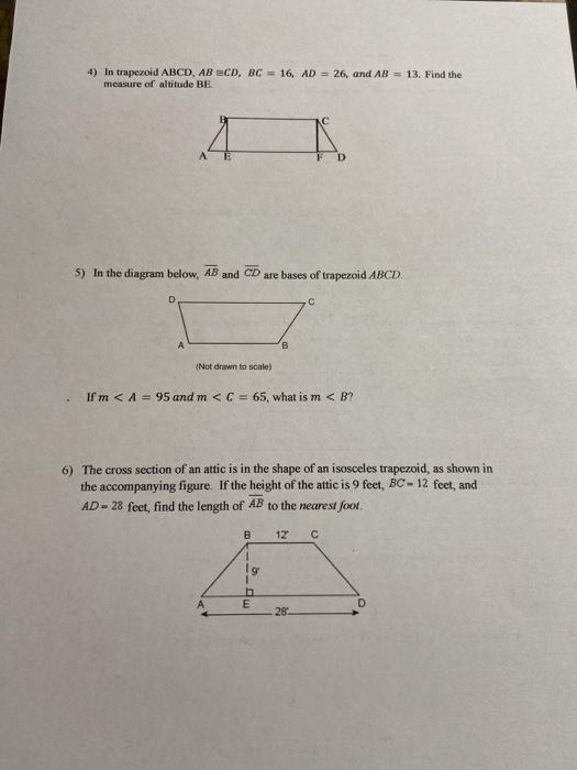 Solved 4) In trapezoid ABCD, AB CD, BC = 16, AD = 26, and AB | Chegg.com