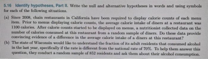 Solved 5.16 Identify hypotheses, Part II. Write the null and | Chegg.com