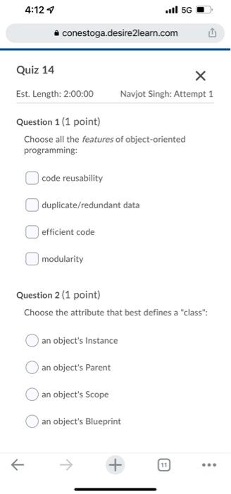 Solved 4:124 ..ll 5G conestoga.desire2learn.com Quiz 14 Х | Chegg.com