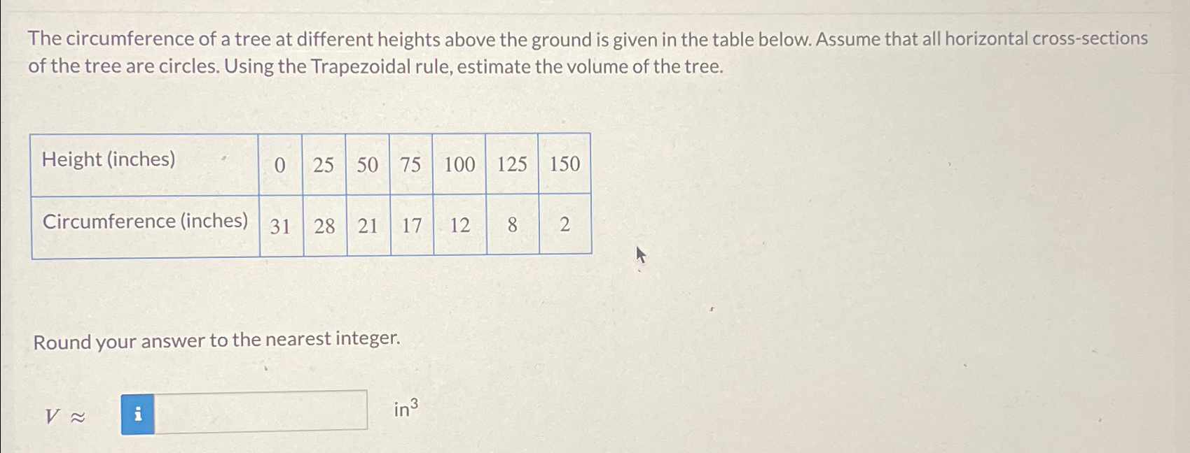 Solved The circumference of a tree at different heights | Chegg.com