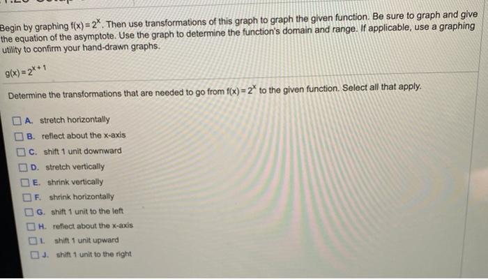 Solved Begin by graphing f(x)=2*. Then use transformations | Chegg.com
