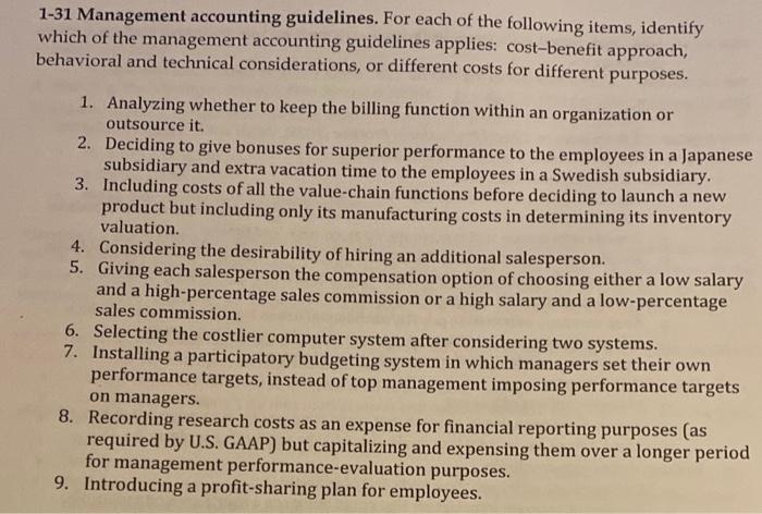 Solved 1-31 Management accounting guidelines. For each of | Chegg.com