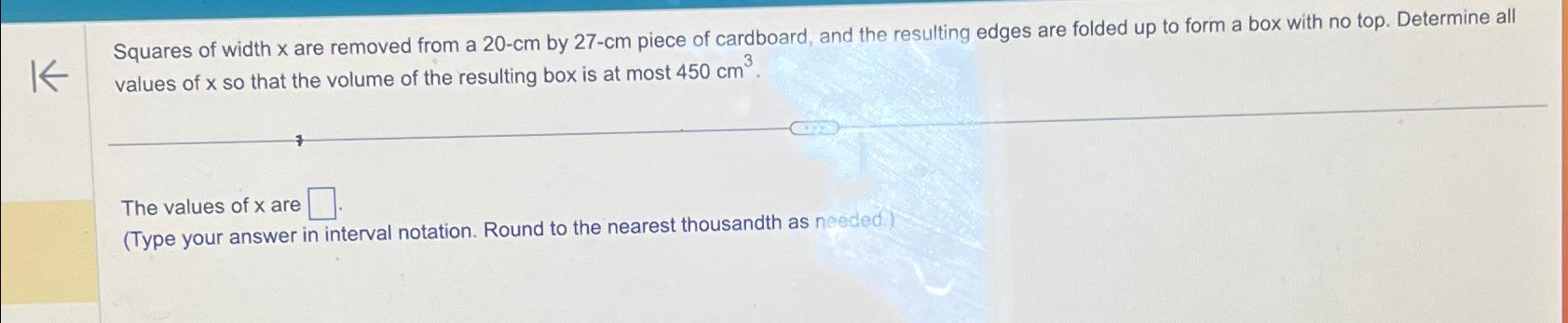 Solved Squares of width x ﻿are removed from a 20-cm ﻿by | Chegg.com