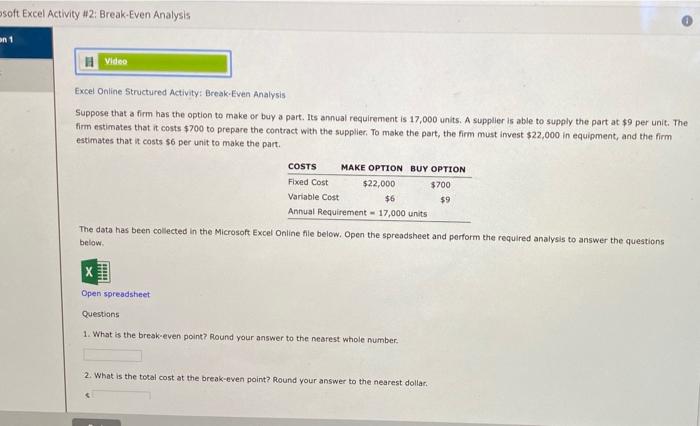 Solved soft Excel Activity #2 : Break-Even Analysis Excel | Chegg.com