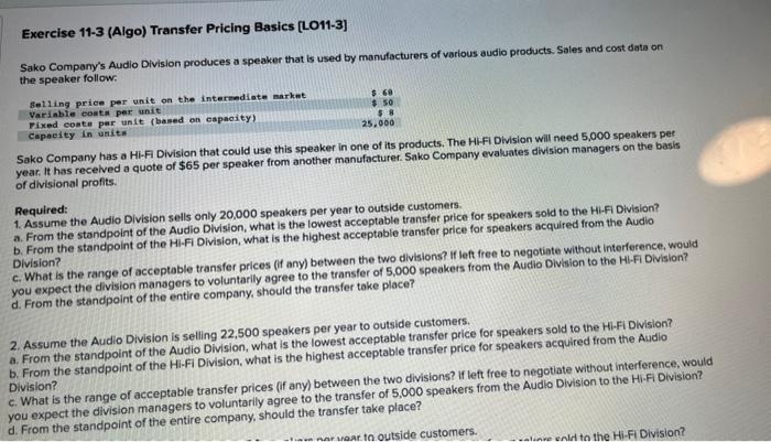 Solved Exercise 11-3 (Algo) Transfer Pricing Basics [LO11-3] | Chegg.com