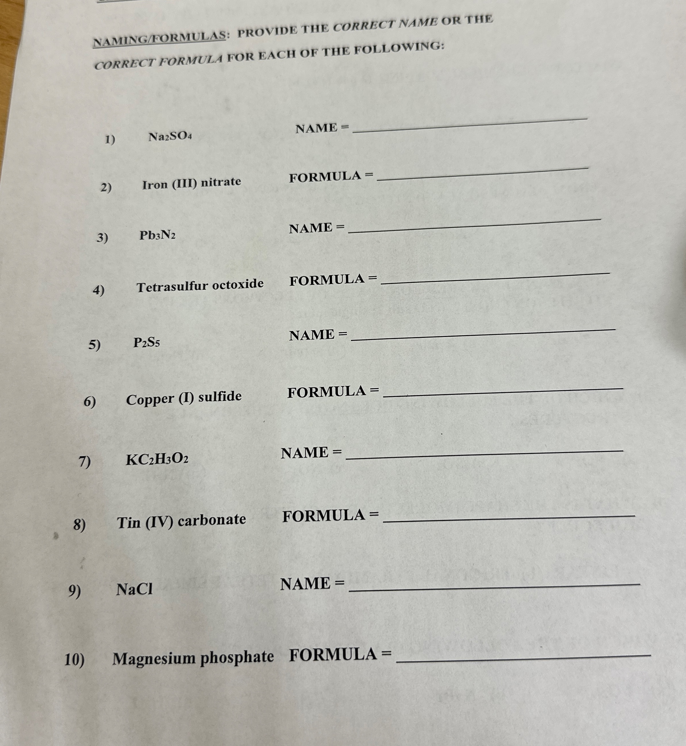 Solved NAMING/FORMULAS: PROVIDE THE CORRECT NAME OR | Chegg.com