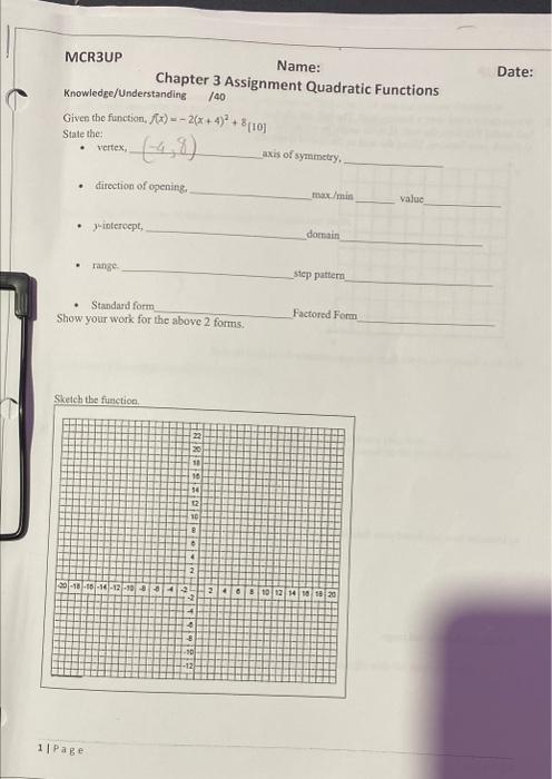 Solved Name: Chapter 3 Assignment Quadratic Functions | Chegg.com