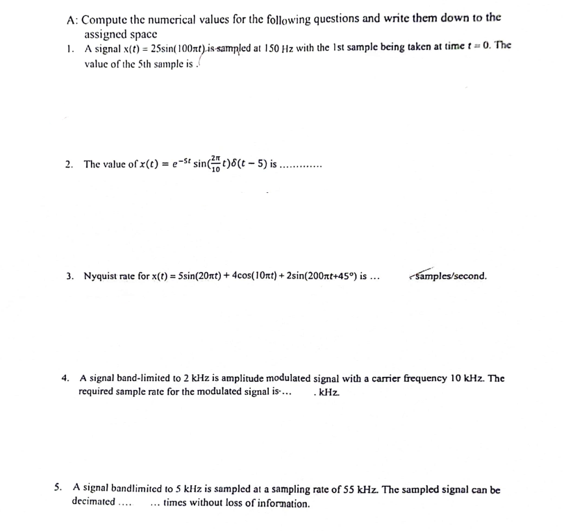 Solved A: Compute the numerical values for the following | Chegg.com