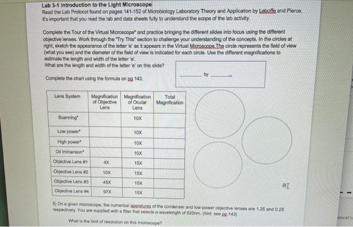 Lab 3-1 Introduction to the Light Microscope Read the | Chegg.com