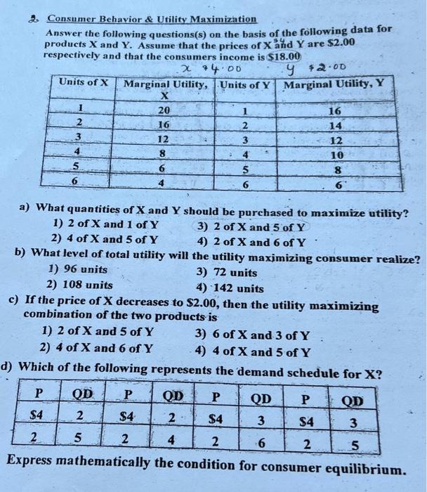 2 Consumer Behavior And Utility Maximization Answer