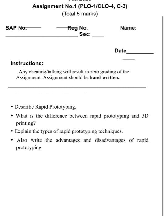 Solved Assignment No. 1 (PLO-1/CLO-4, C-3) (Total 5 marks) | Chegg.com