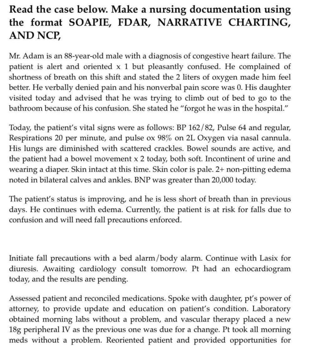 Solved Read the case below. Make a nursing documentation | Chegg.com