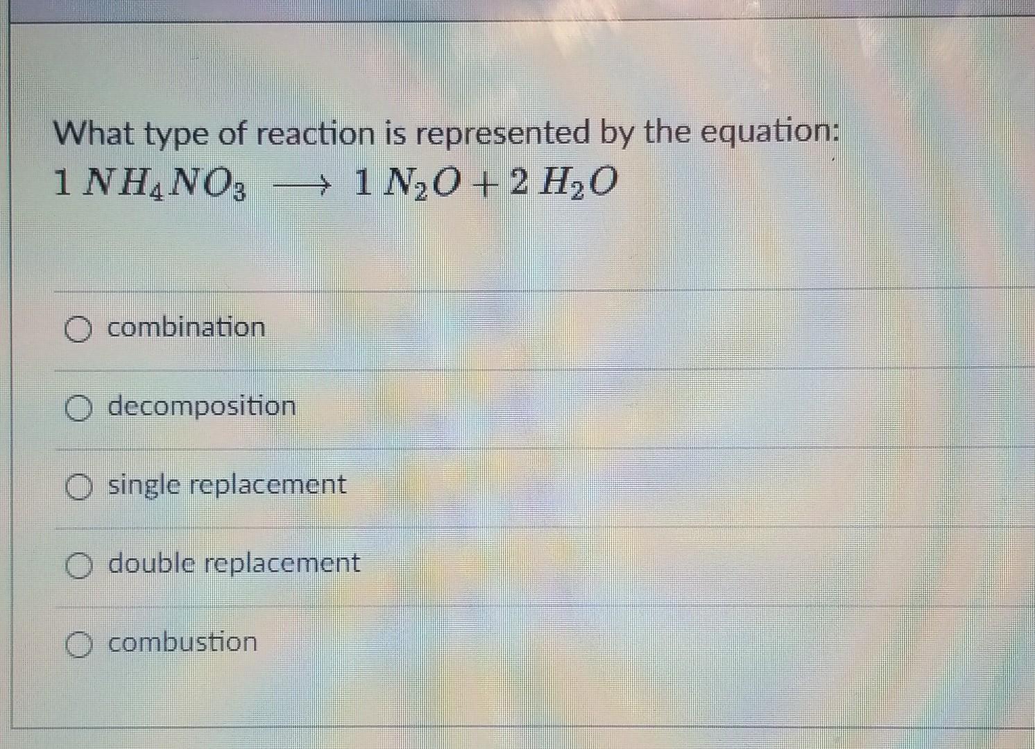 Solved What type of reaction is represented by the equation: | Chegg.com
