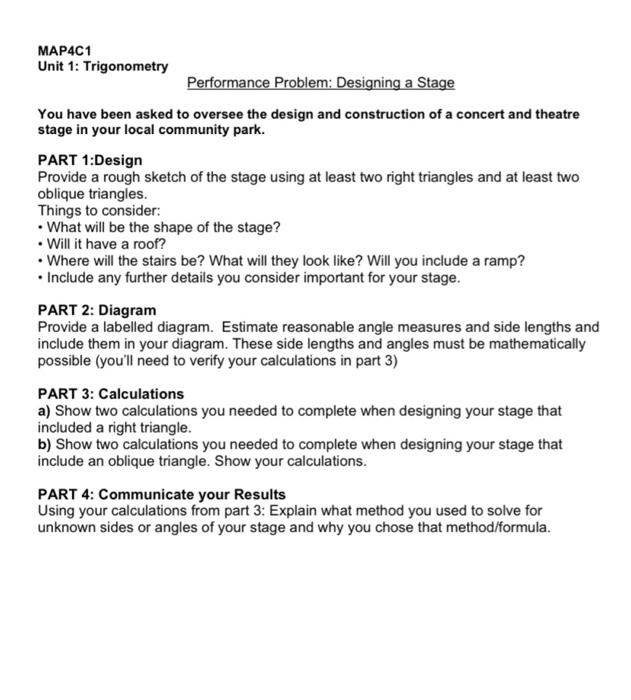 Solved MAP4C1 Unit 1: Trigonometry Performance Problem: | Chegg.com