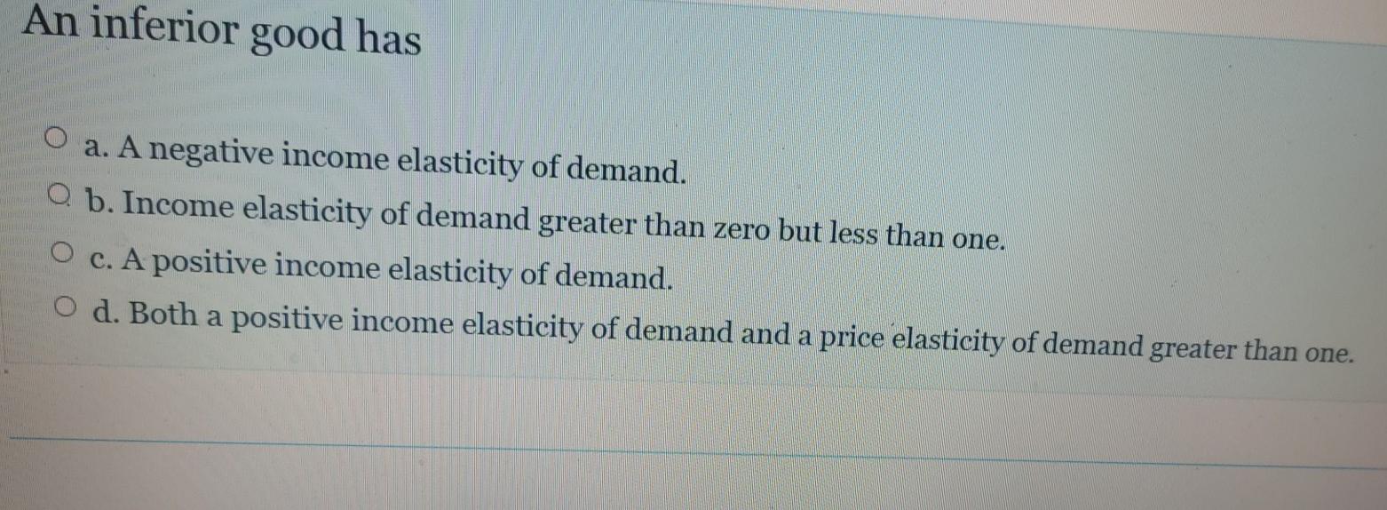 Solved An inferior good has a. A negative income elasticity | Chegg.com