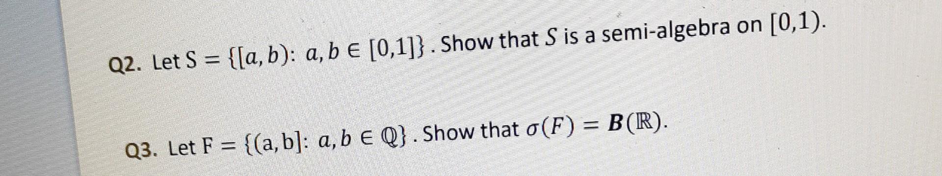 Solved Q2. Let S={[a,b):a,b∈[0,1]}. Show that S is a | Chegg.com