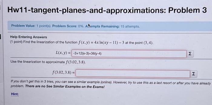 Solved Hw11-tangent-planes-and-approximations: Problem 3 | Chegg.com