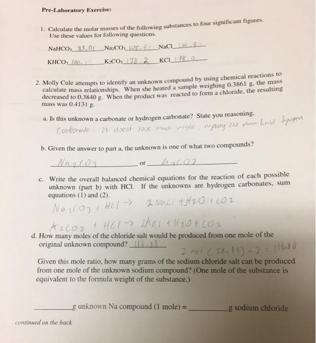 Solved Pre-Laboratory Exercise: 1. Calculate the molar | Chegg.com