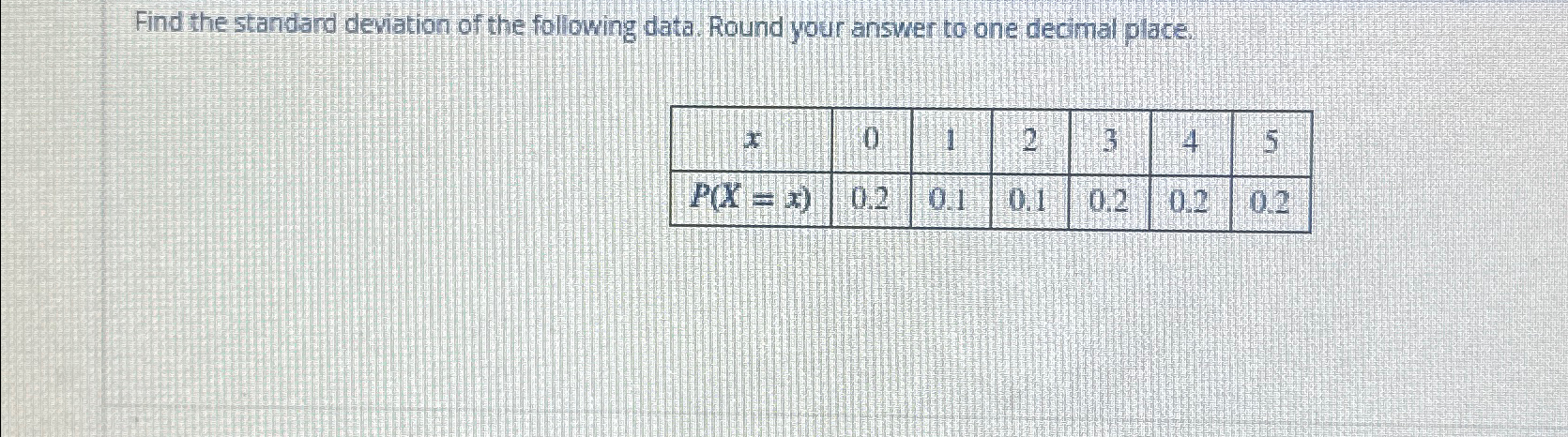 Solved Find the standard devation of the following data. | Chegg.com