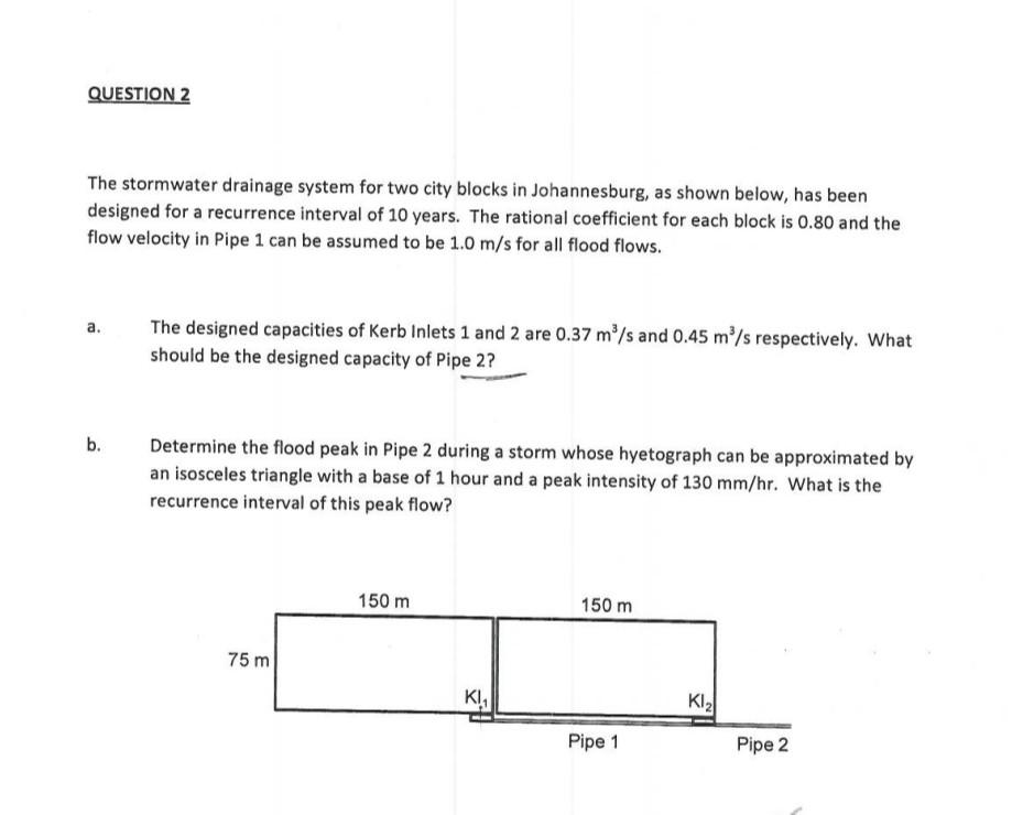 Solved QUESTION 2 The stormwater drainage system for two | Chegg.com