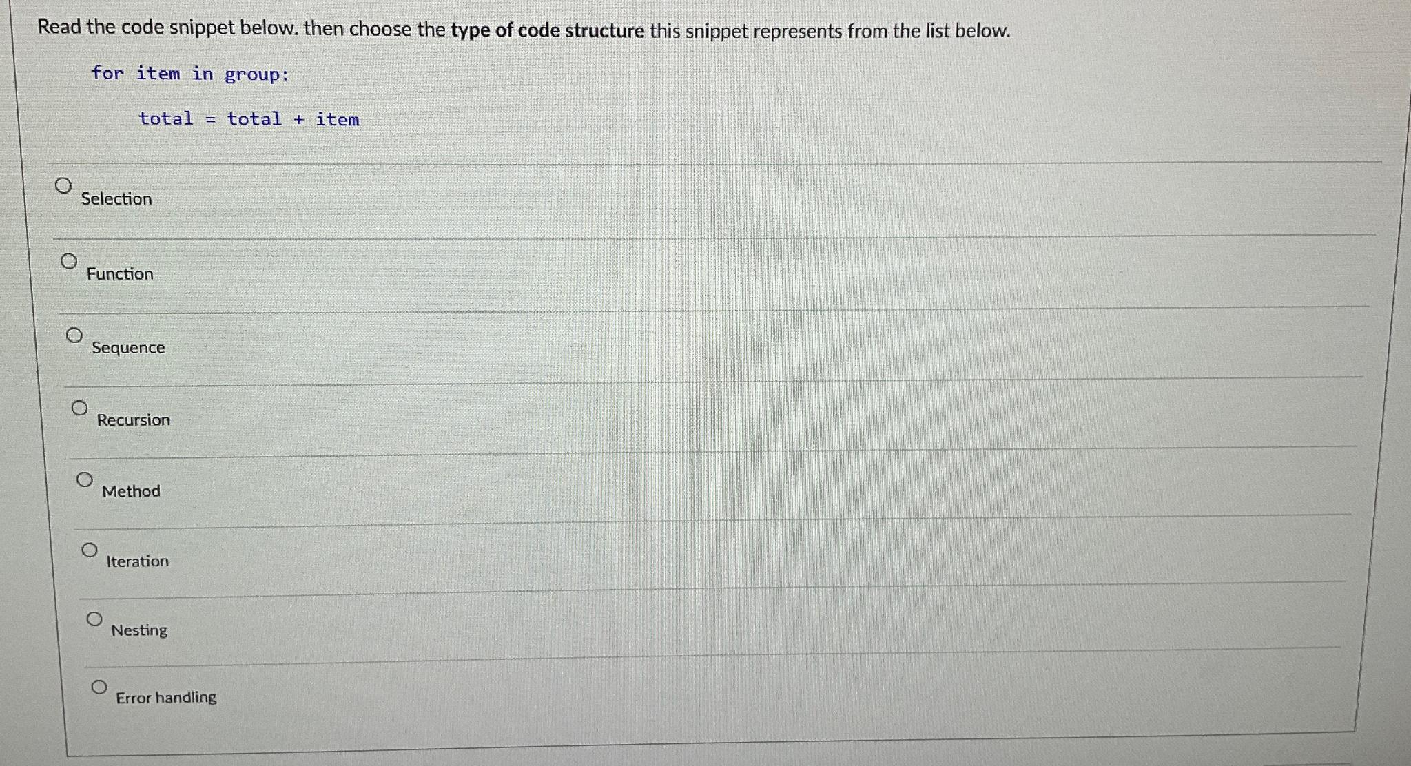 Solved Read the code snippet below. then choose the type of | Chegg.com