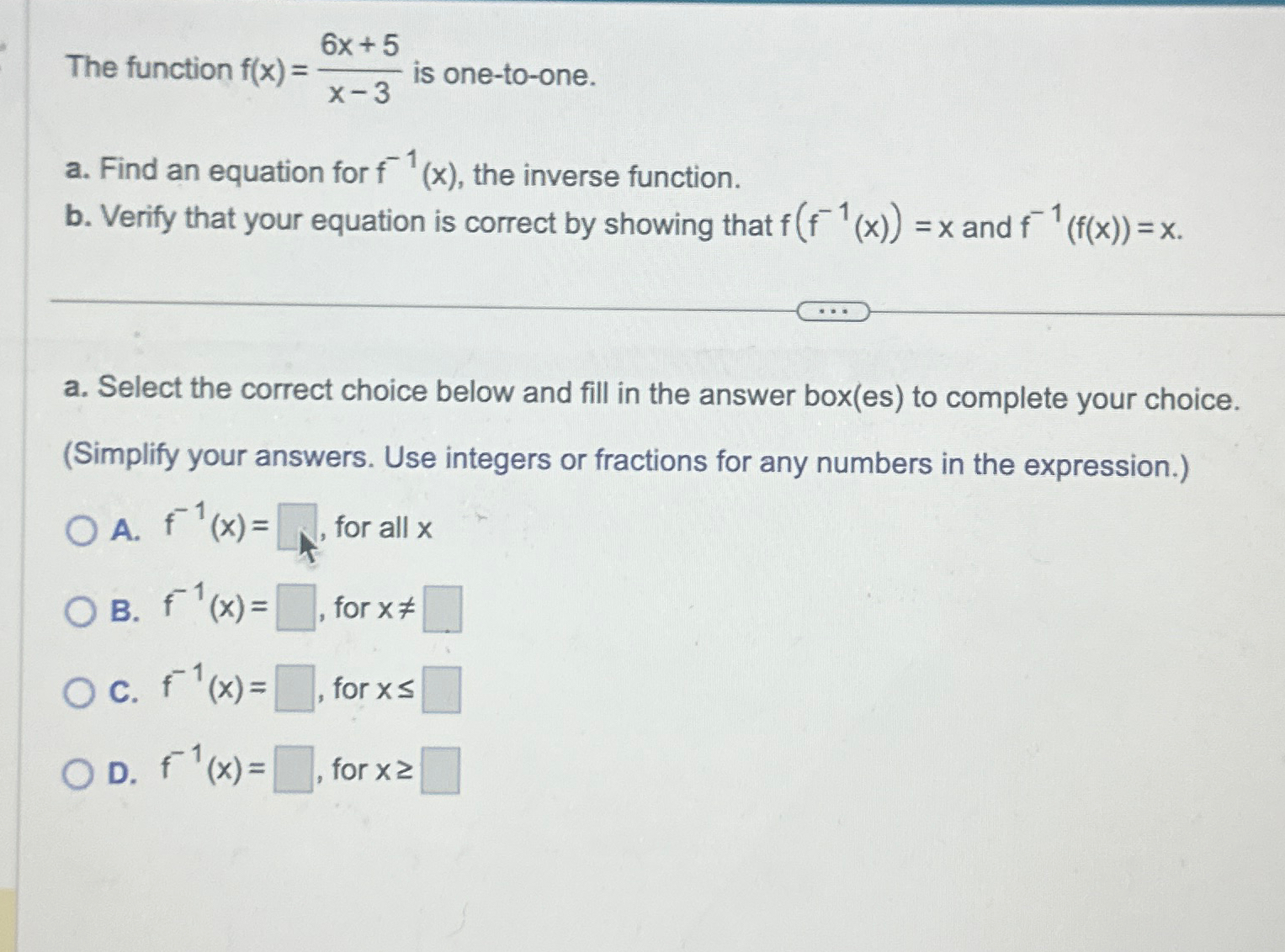 Solved The function f(x)=6x+5x-3 ﻿is one-to-one.a. ﻿Find an | Chegg.com