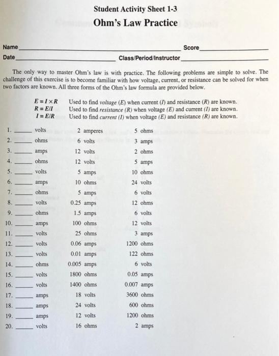Solved Student Activity Sheet 1-1 Review Name Score Date | Chegg.com