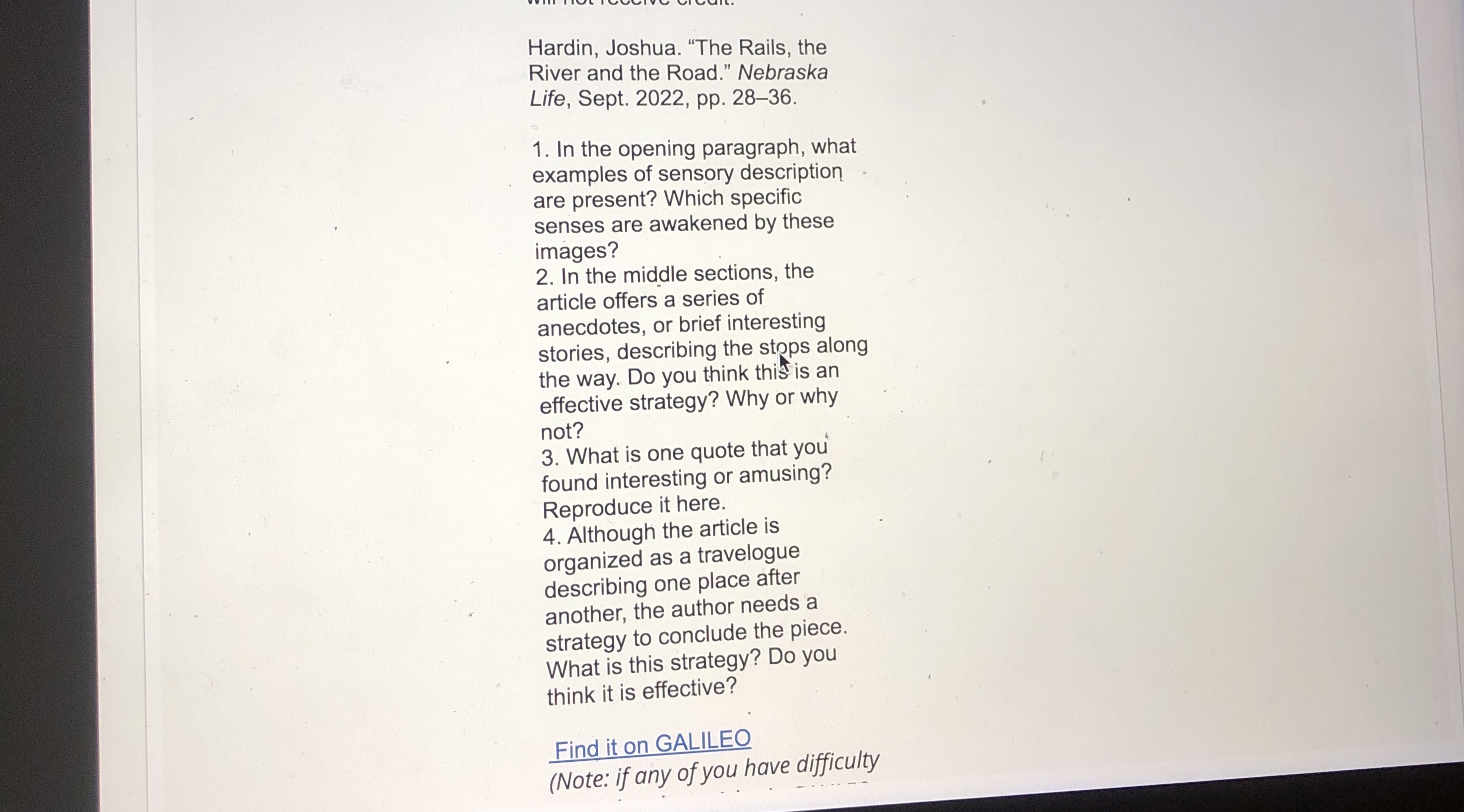 Hardin, Joshua. "The Rails, the River and the Road." | Chegg.com