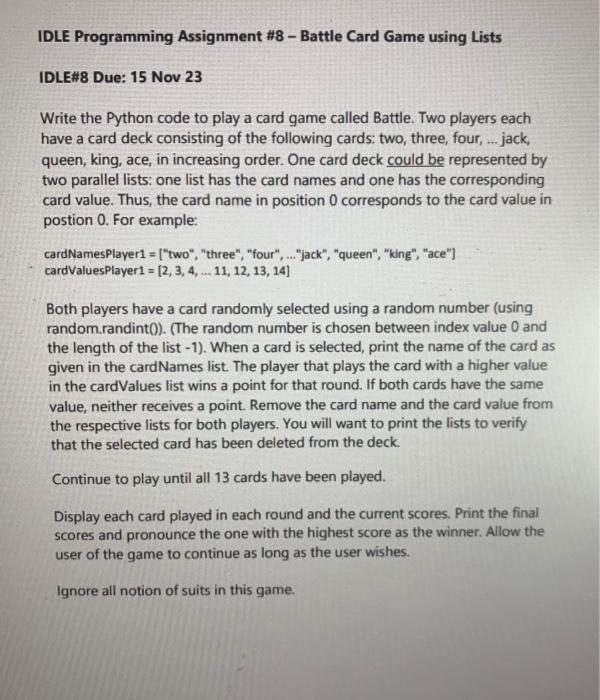 Solved IDLE Programming Assignment \#8 - Battle Card Game | Chegg.com