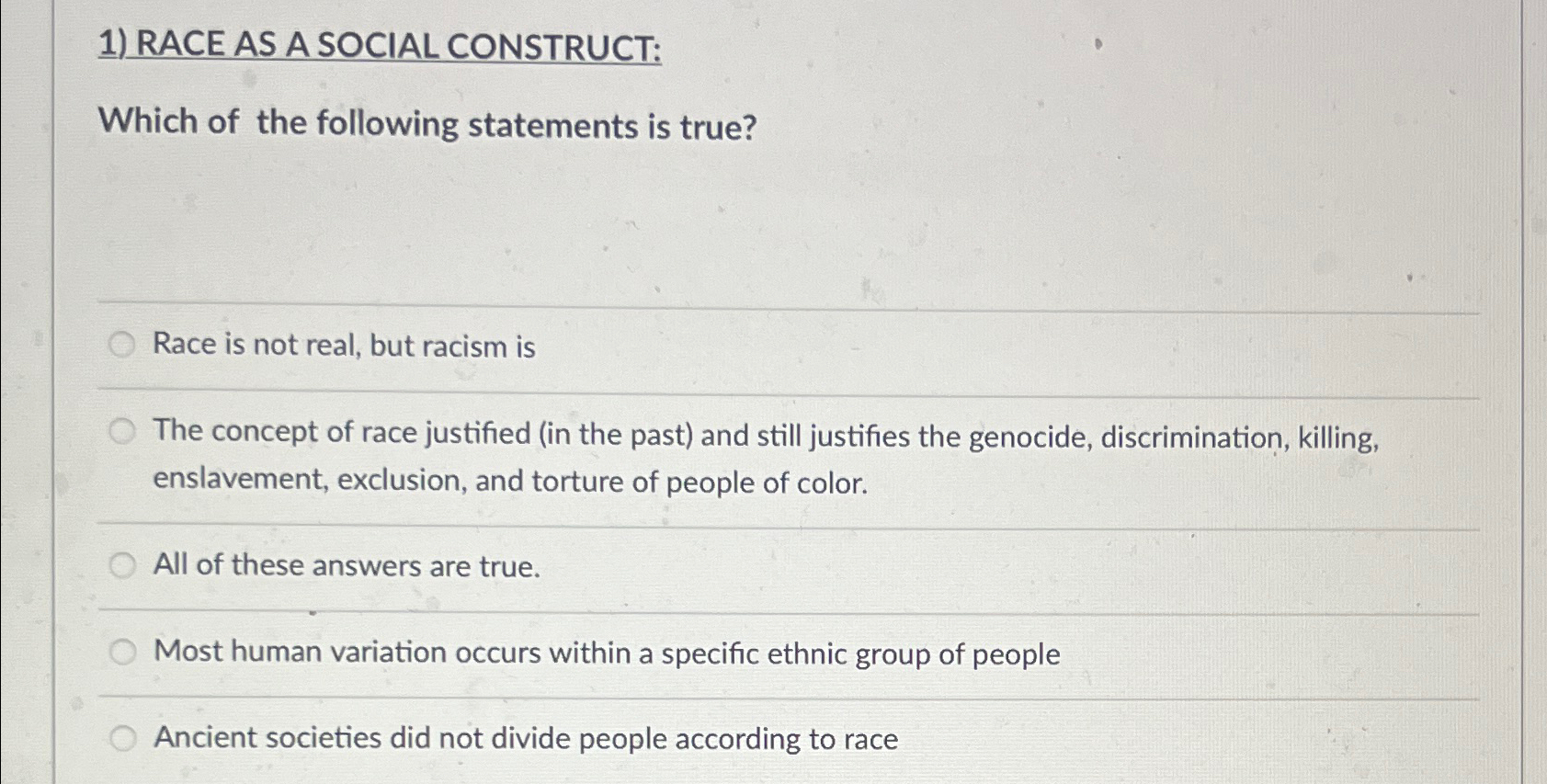 Solved RACE AS A SOCIAL CONSTRUCT:Which of the following | Chegg.com