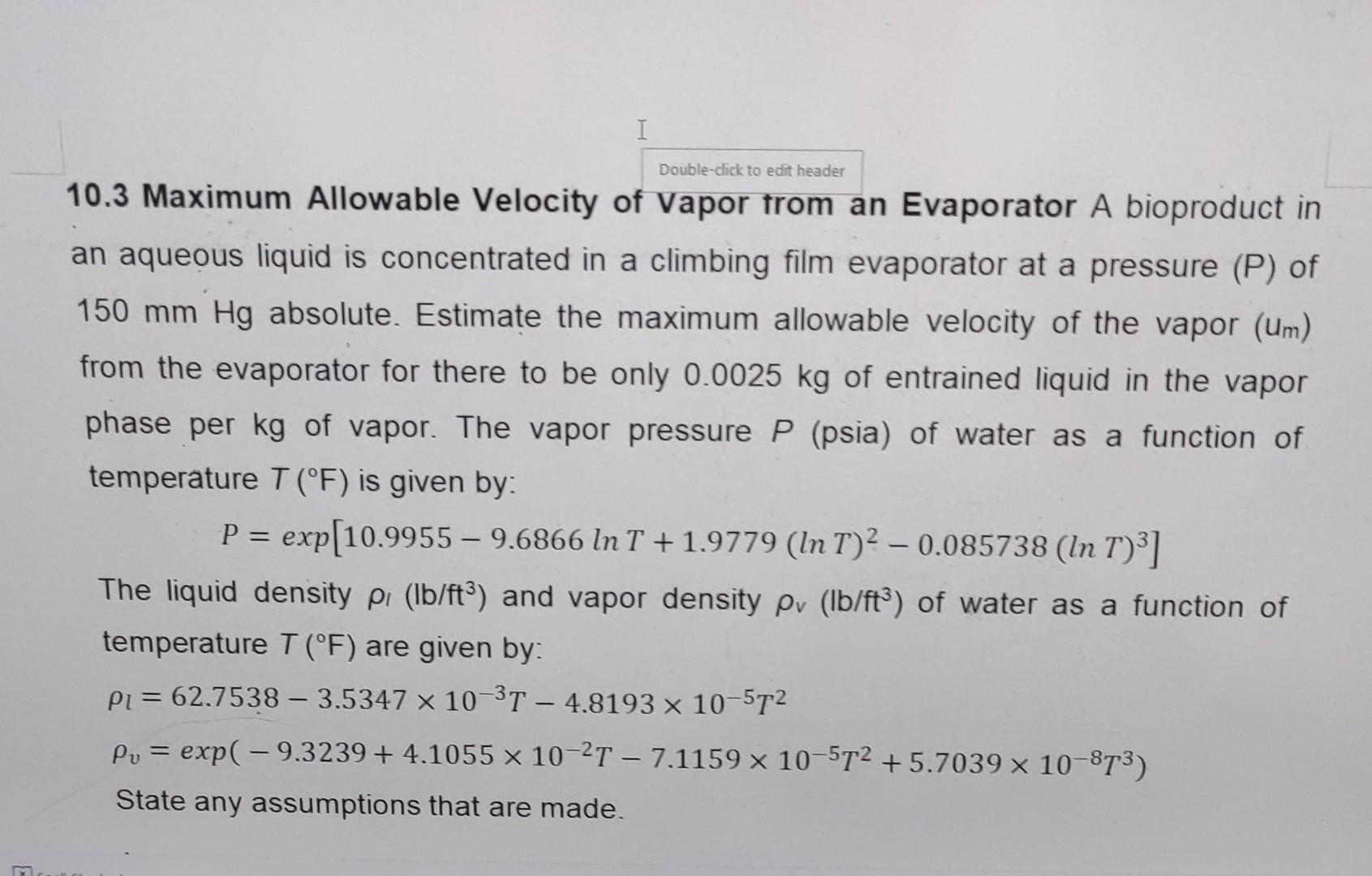 Solved 0.3 Maximum Allowable Velocity of Vapor trom an | Chegg.com