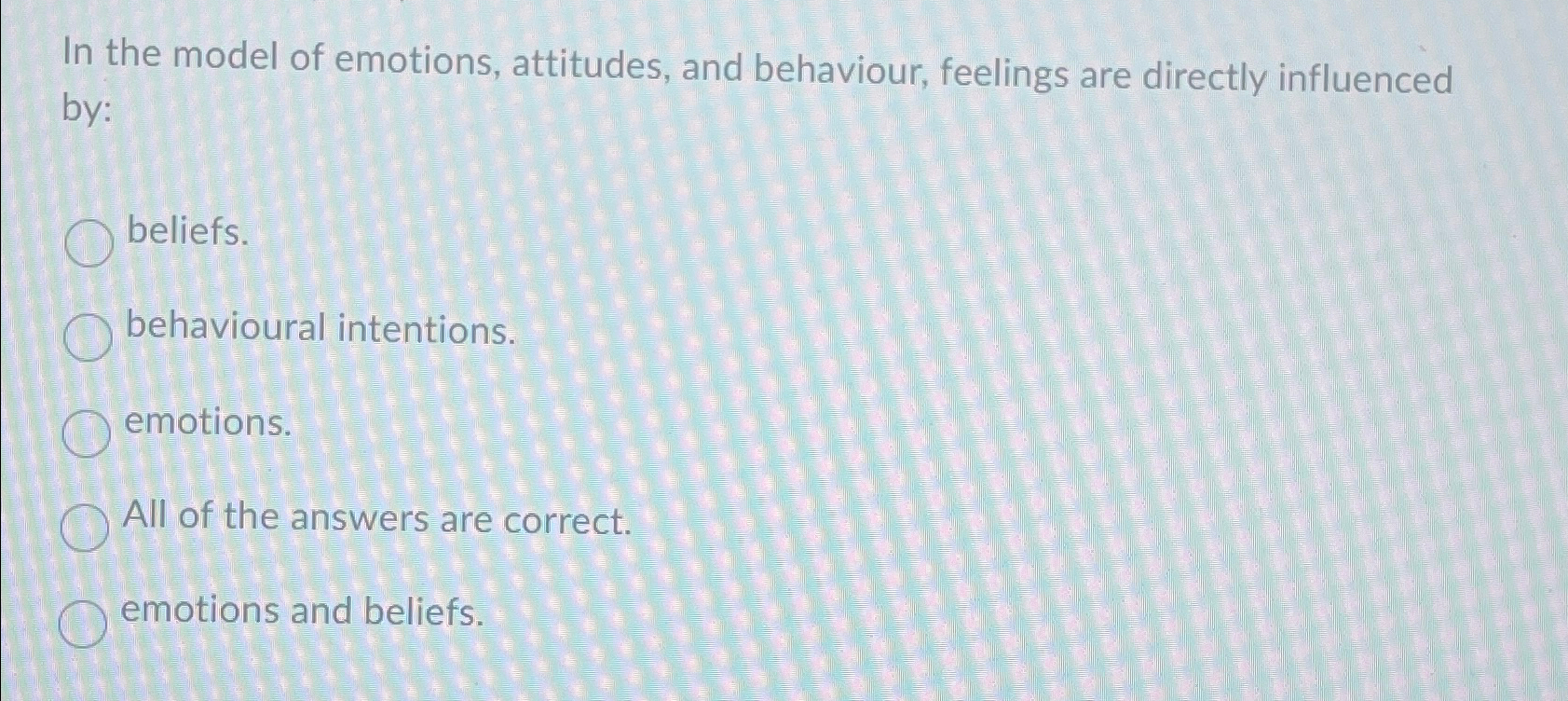Solved In the model of emotions, attitudes, and behaviour, | Chegg.com
