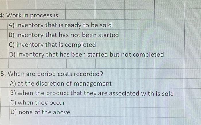 Solved 4: Work in process is A) inventory that is ready to | Chegg.com