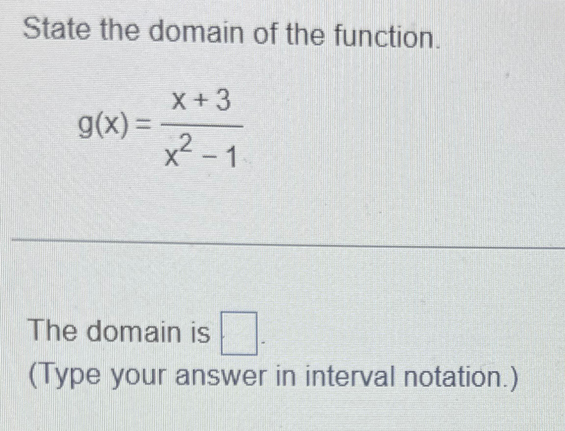 Solved State the domain of the function.g(x)=x+3x2-1The | Chegg.com