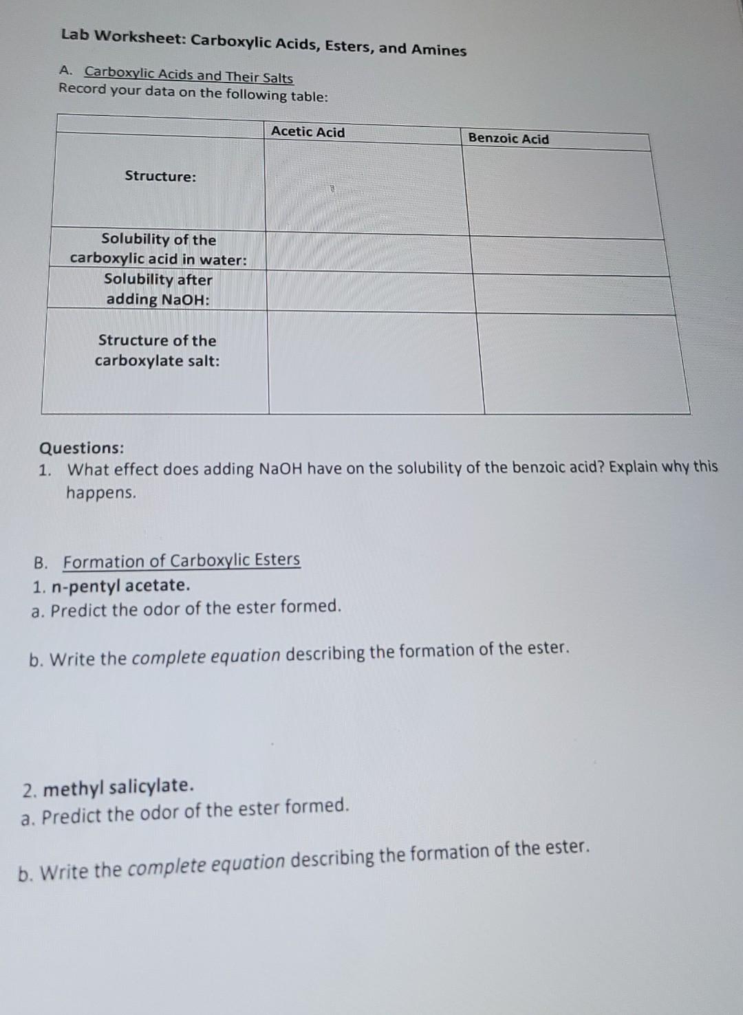 Solved Lab Worksheet: Carboxylic Acids, Esters, and Amines | Chegg.com