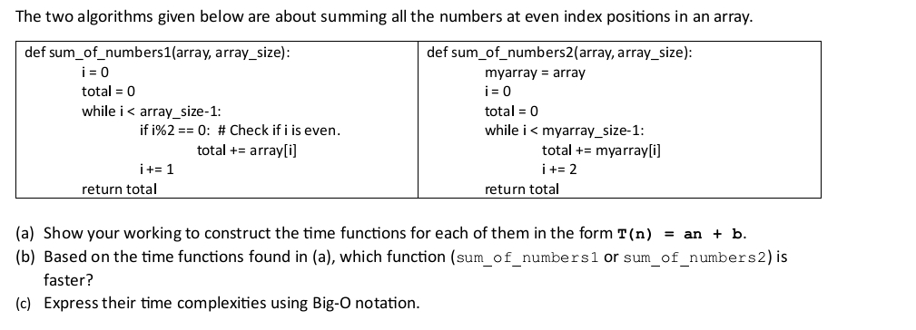 Solved The two algorithms given below are about summing all | Chegg.com Solved The two algorithms given below are about summing all | Chegg.com