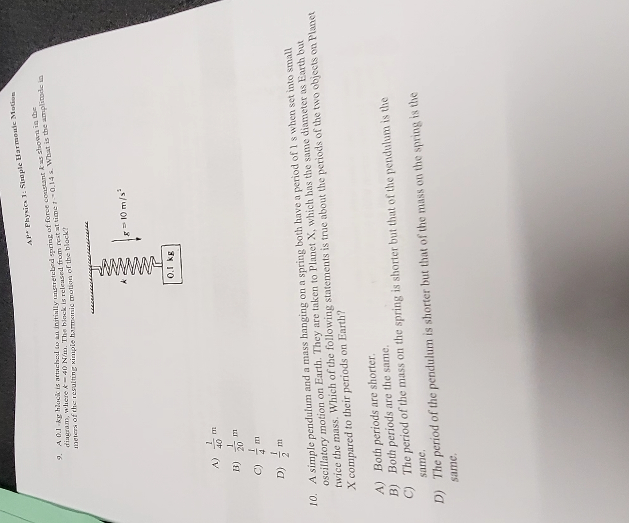 Solved AP* ﻿Physics 1: Simple Harmonic Motion9. ﻿A 0.1-kg | Chegg.com